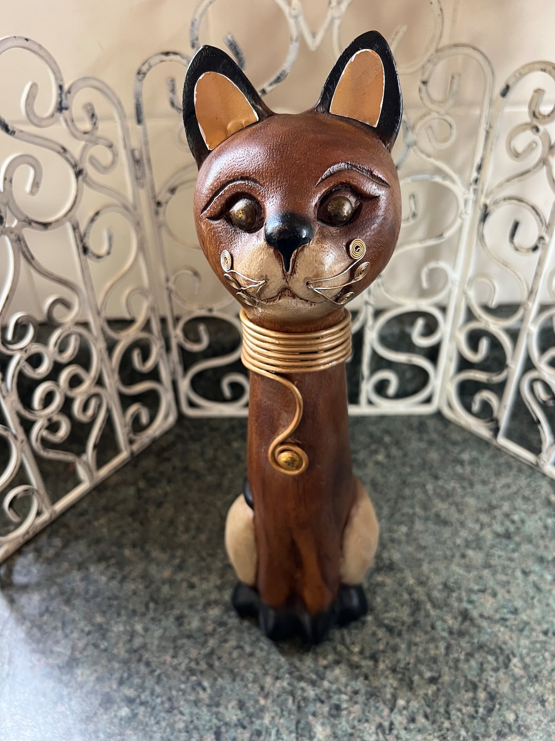 Hand Carved Solid Wood Cat Statue / 12" Wood Cat Figurine/black and ...