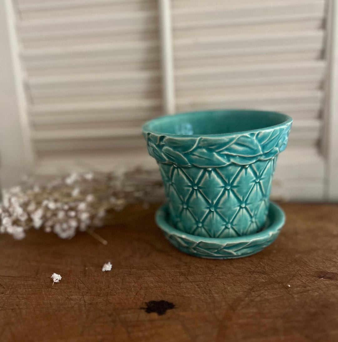 Vintage Mccoy Pottery Planter Green Turquoise Quilted Diamond Pot With ...