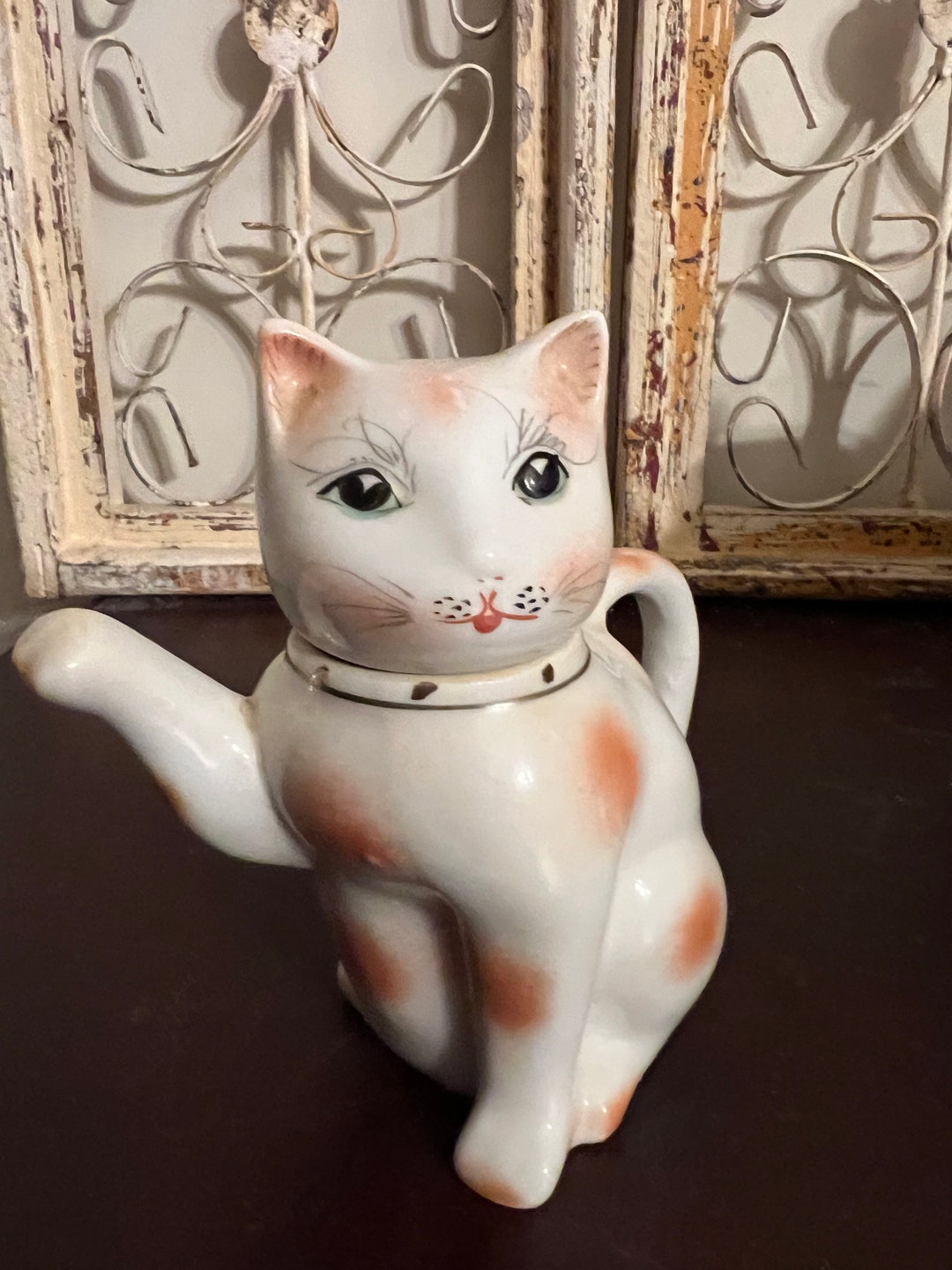 Kitty Cat Creamer/tea Pot White Ceramic With Pink/orange Markings - Etsy