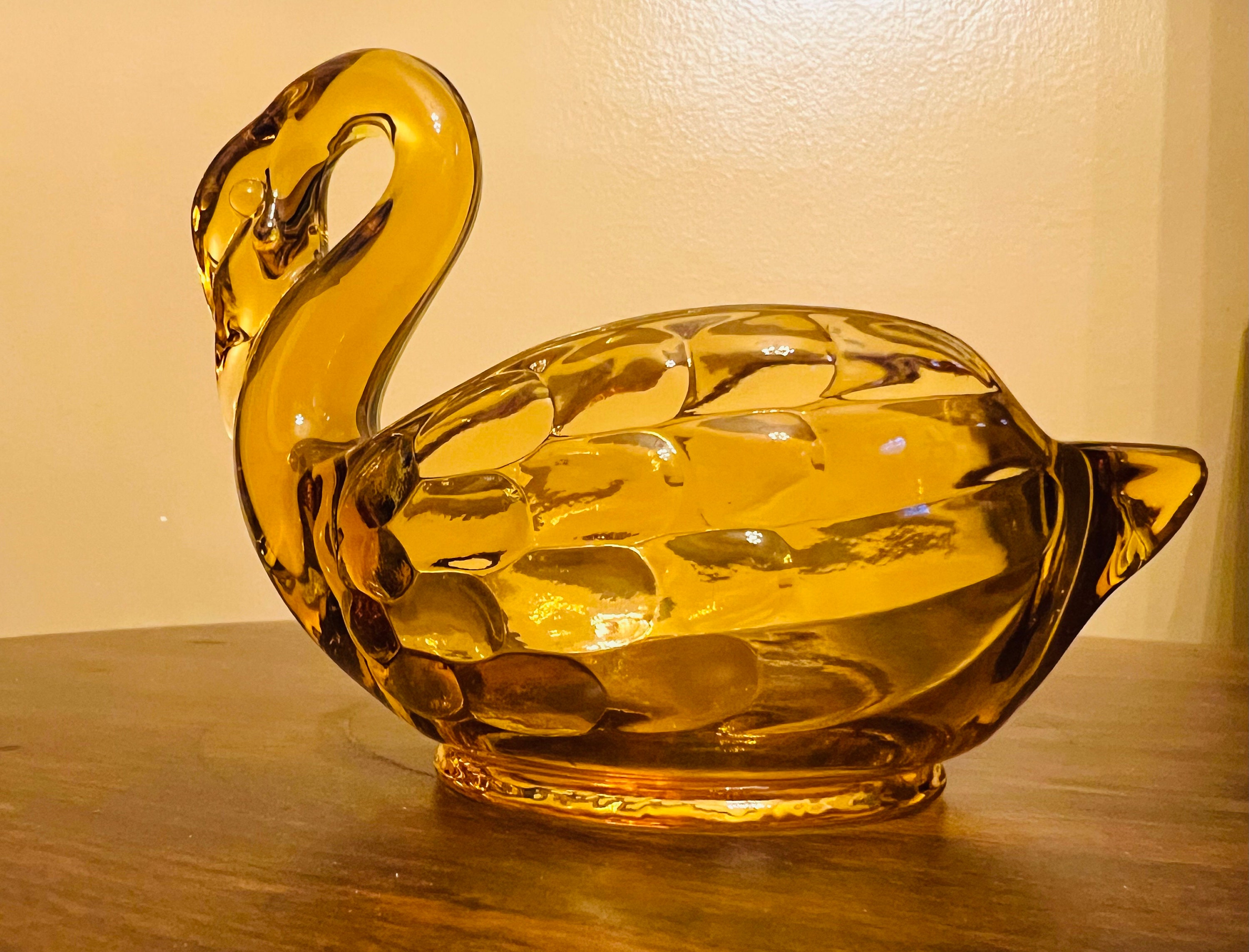 Vintage Viking Glass Amber Swan Candy Dish - Etsy