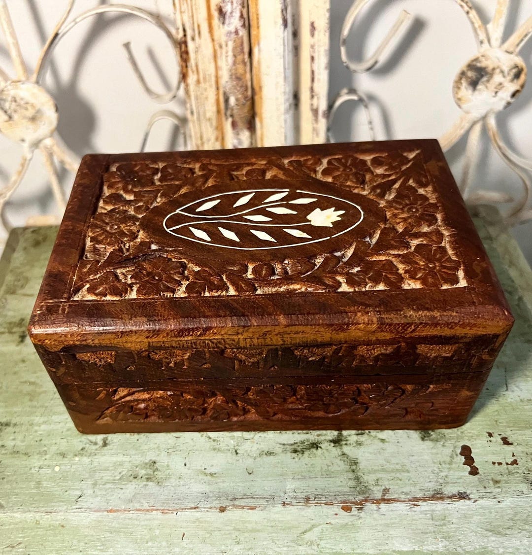 Hand Carved Wood Trinket Box, Floral Inlay, Etched Wood Storage - Etsy