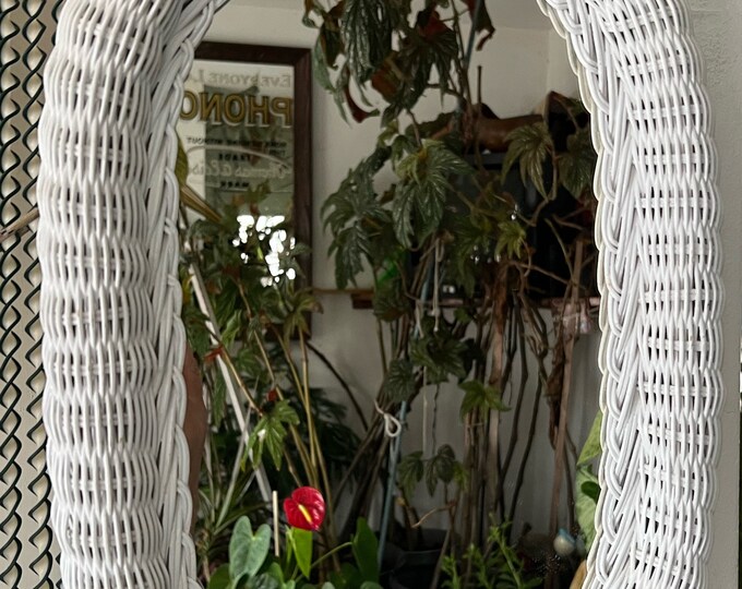 Vintage White Wicker Rattan Weaved Mirror Wall Hanging Bohemian Boho 70 ...