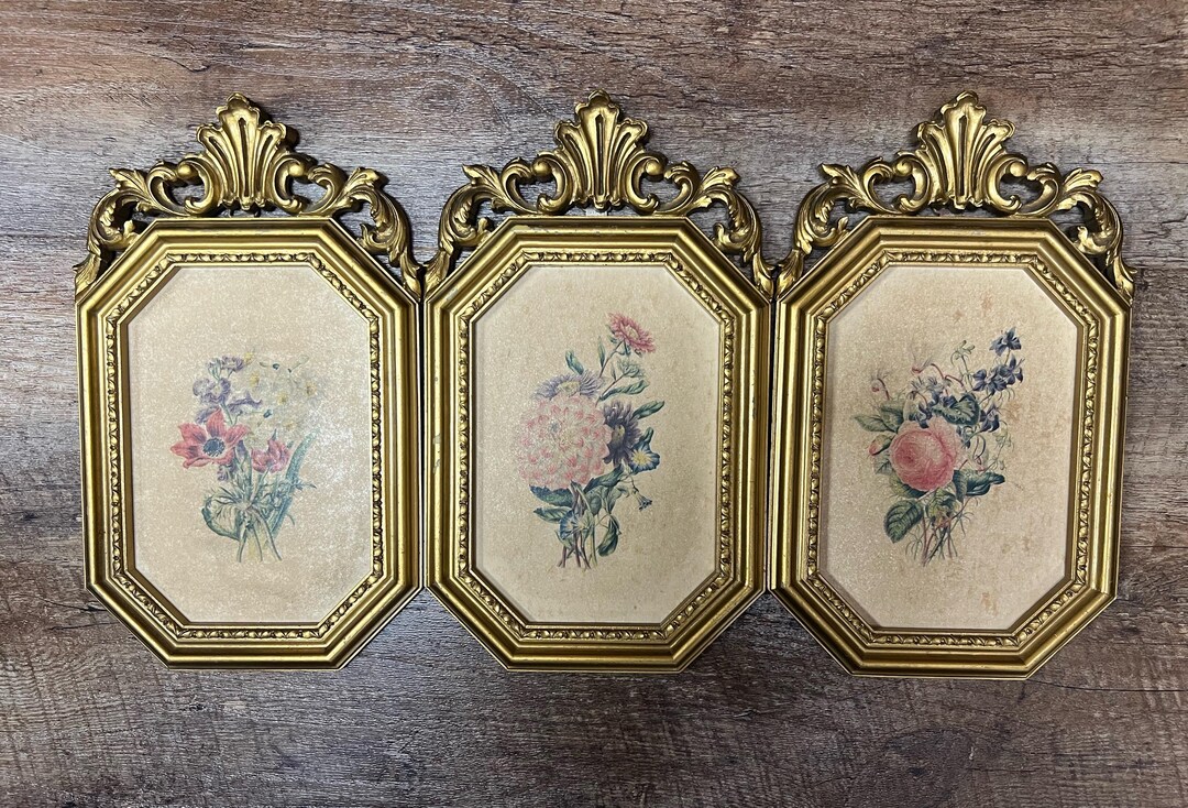 Set of 3 Vintage Victorian Floral Botanical Prints Pair, Gold Syroco ...