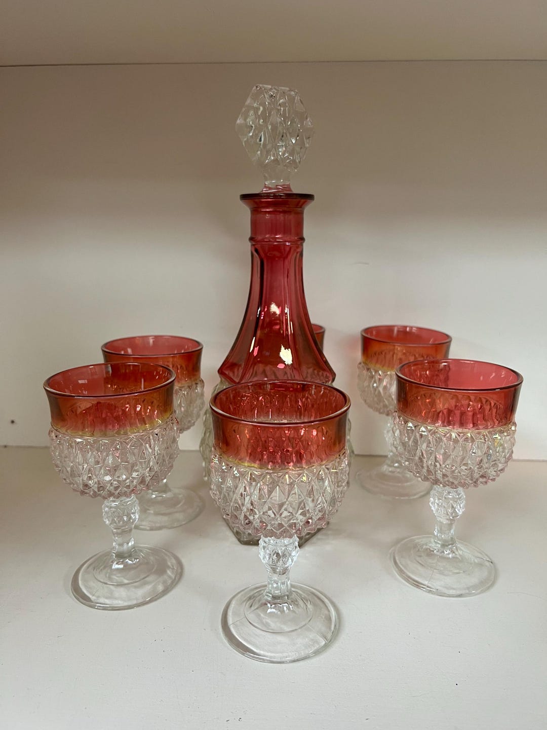 Vintage Ruby Red Diamond Point Decanter and Set of 6 Wine Goblets ...