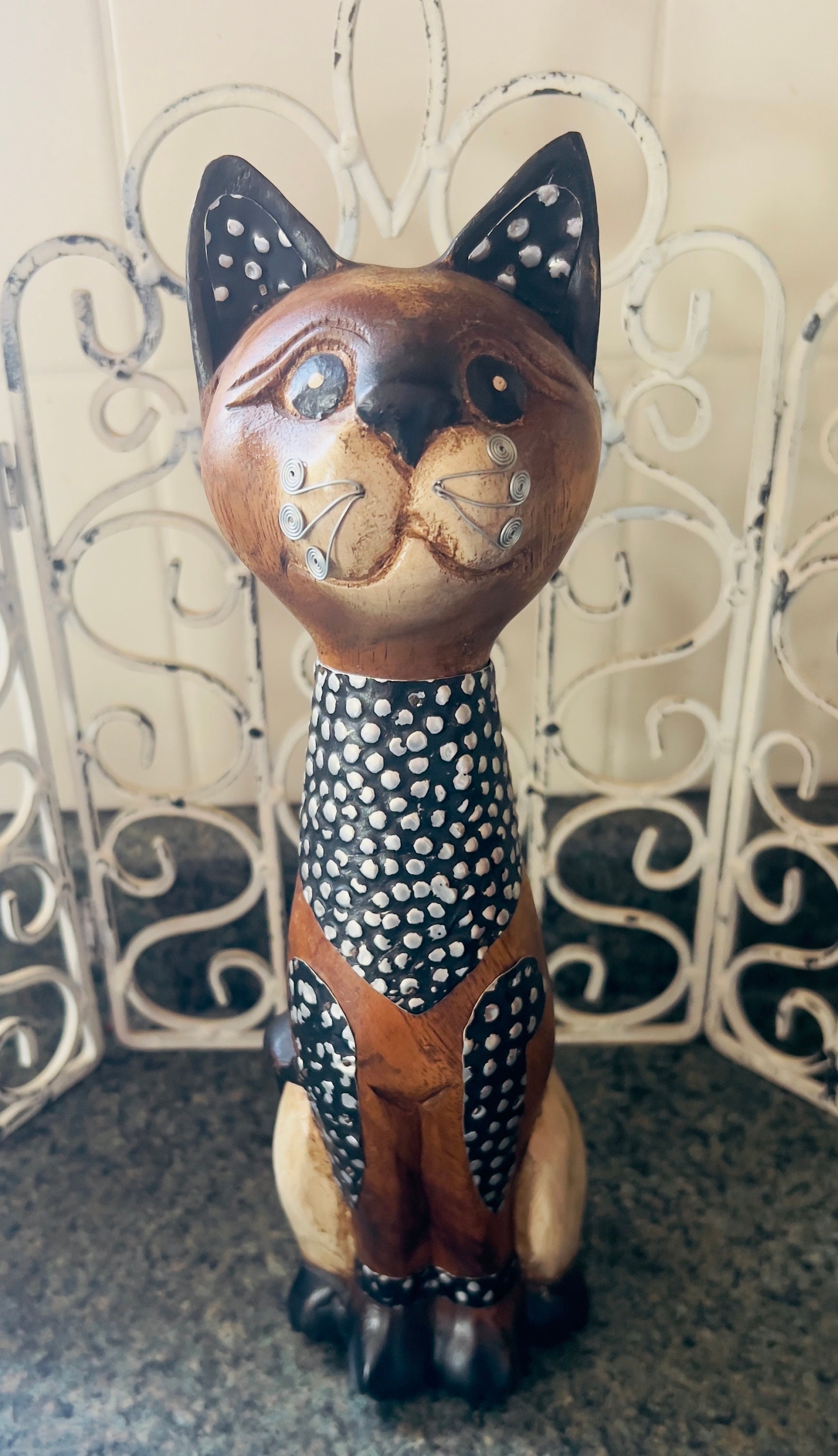 Hand Carved Solid Wood Cat Statue / 12 Wood Cat Figurine/ Black and ...