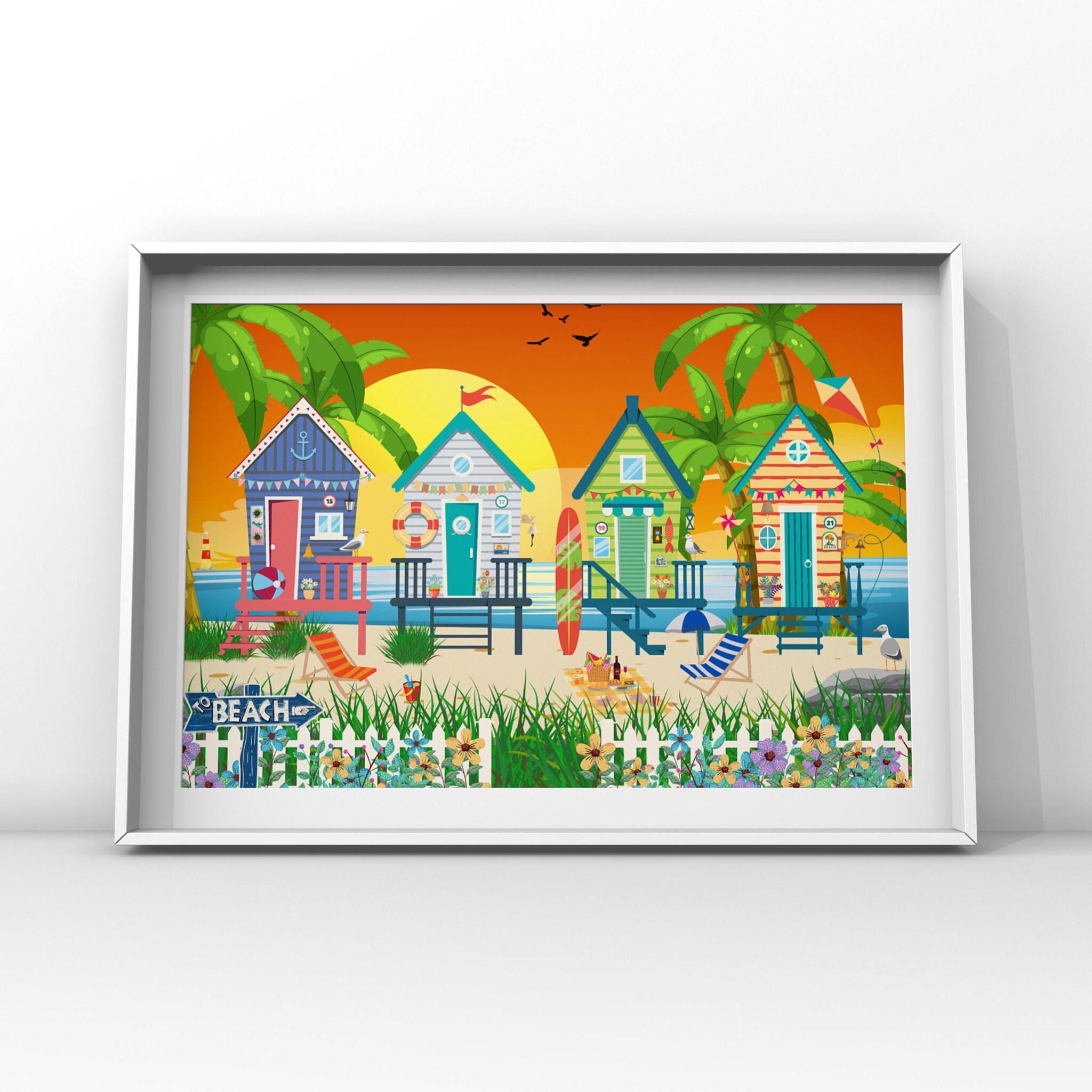 Beach Huts Wall Art Printable, Seaside Beach Huts Poster, Summer Wall ...