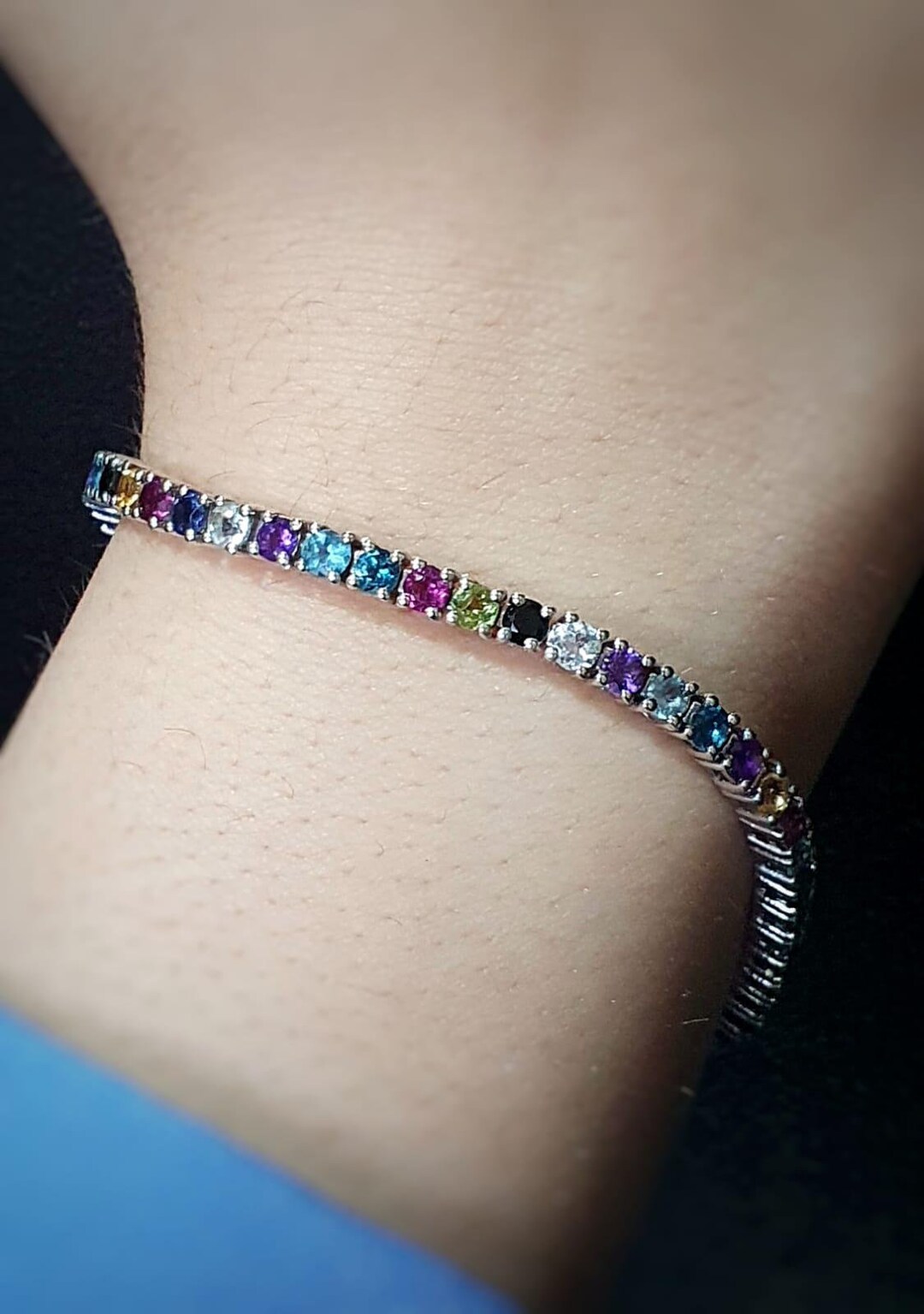 Natural Multi Gemstone Tennis Bracelet 14K Gold / Silver, Sapphire ...