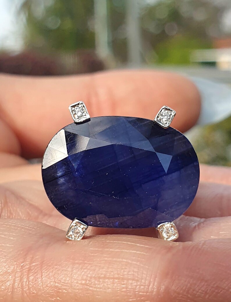 Large Oval Natural Blue Sapphire Diamond Ring 14K Solid Gold or Silver ...