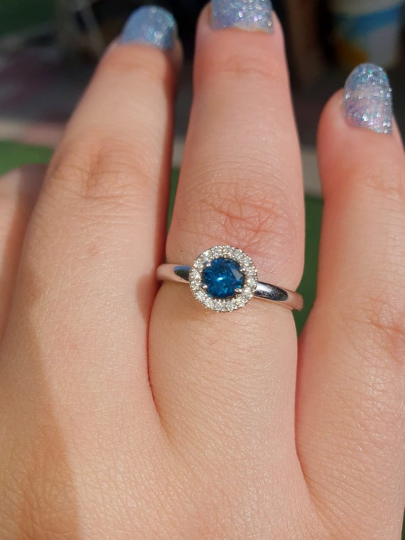 Blue Diamond Ring 14k White Gold Blue Diamond Engagement Wedding ring Blue Diamond Halo ring 14k Bridal Gold Ring Diamond proposal ring Etsy