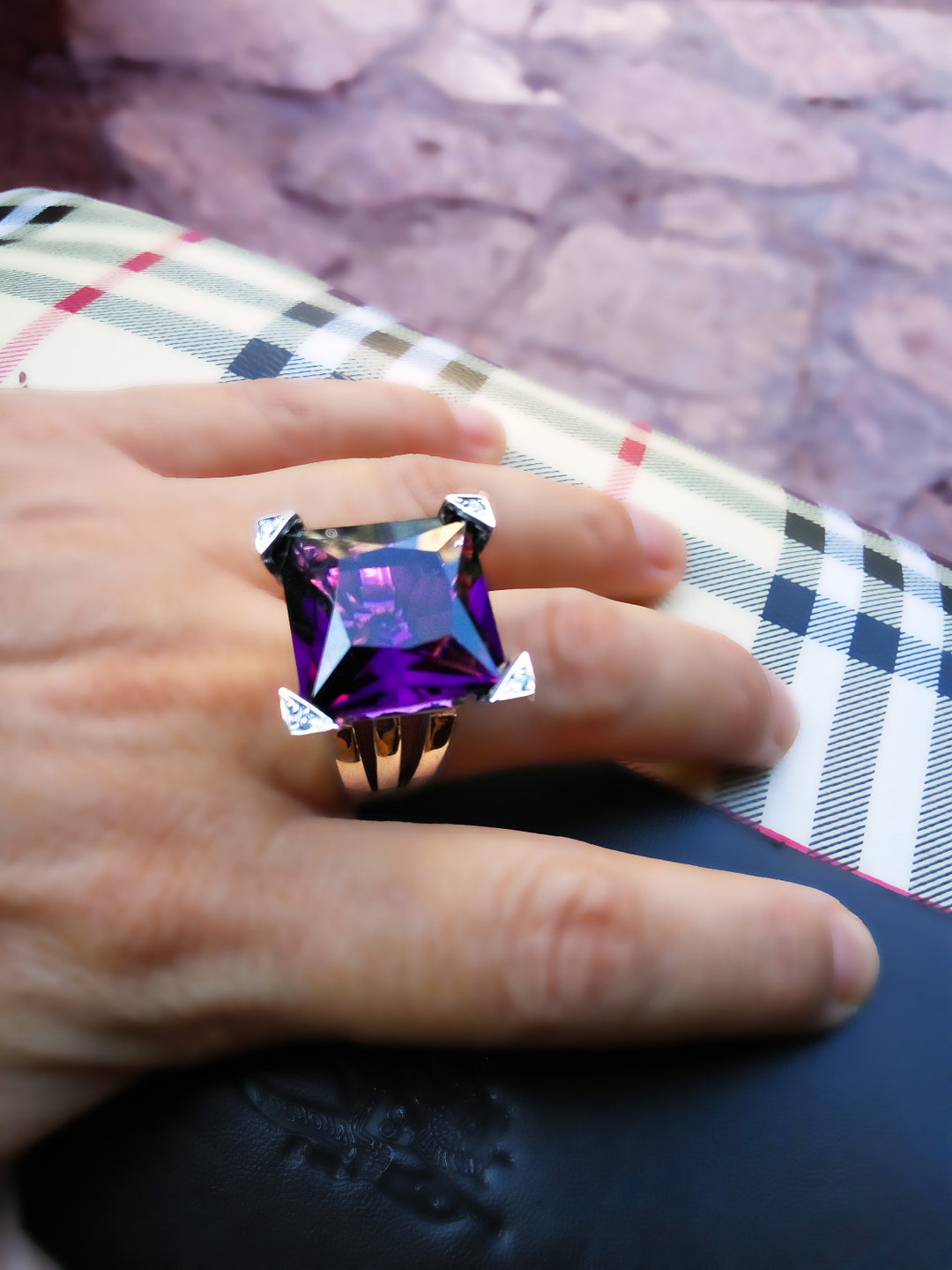 18K/14K Gold Amethyst and Diamonds Ring, Amethyst Cocktail Ring, Huge ...
