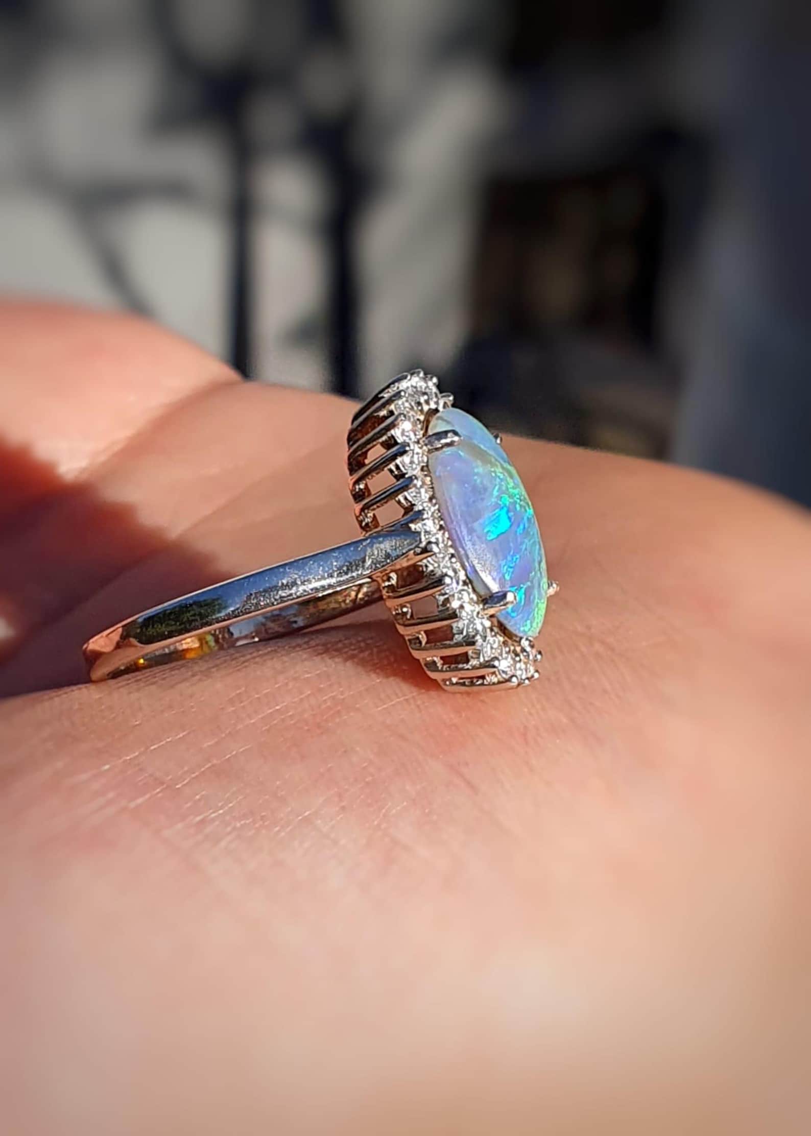 18K Amazing Opal Diamond Ring, Blue Green Lightning Ridge Opal Ring ...