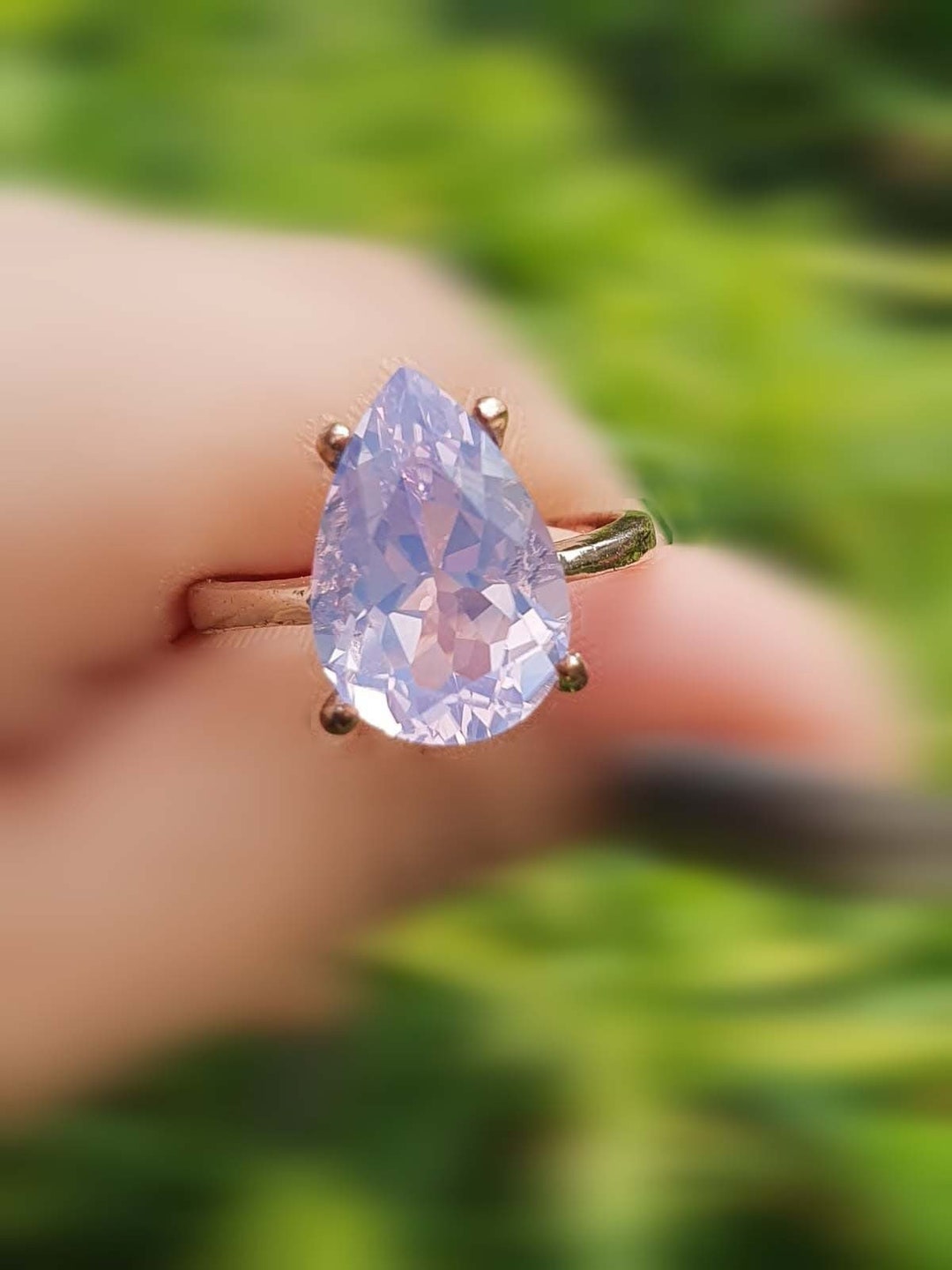 Lavender Quartz Ring 14K Rose Gold Alternative Engagement Ring Solitaire Pear Engagement Ring ...