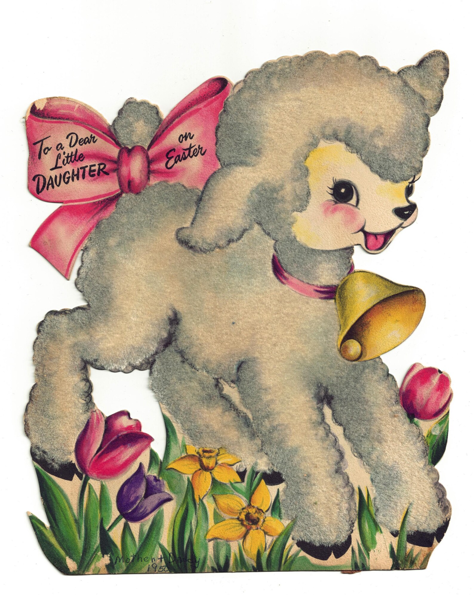 Large Vintage 8.5" Easter Greeting Card, Flocked Lamb With Bell Collar ...
