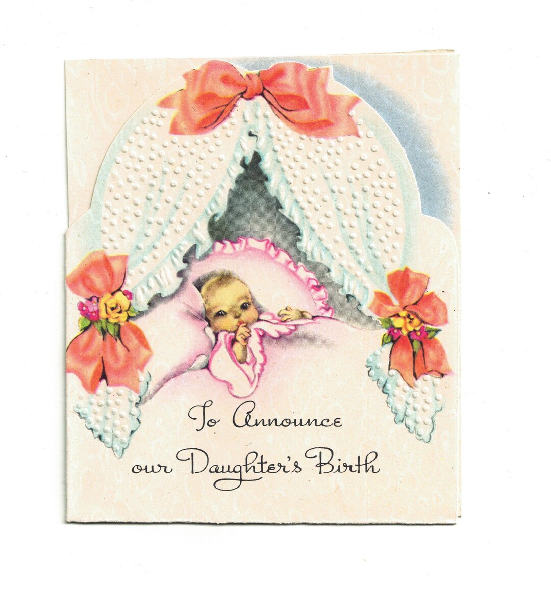 Small Baby Girl Birth Announcement Greeting Card, Baby Arrival, Pink ...