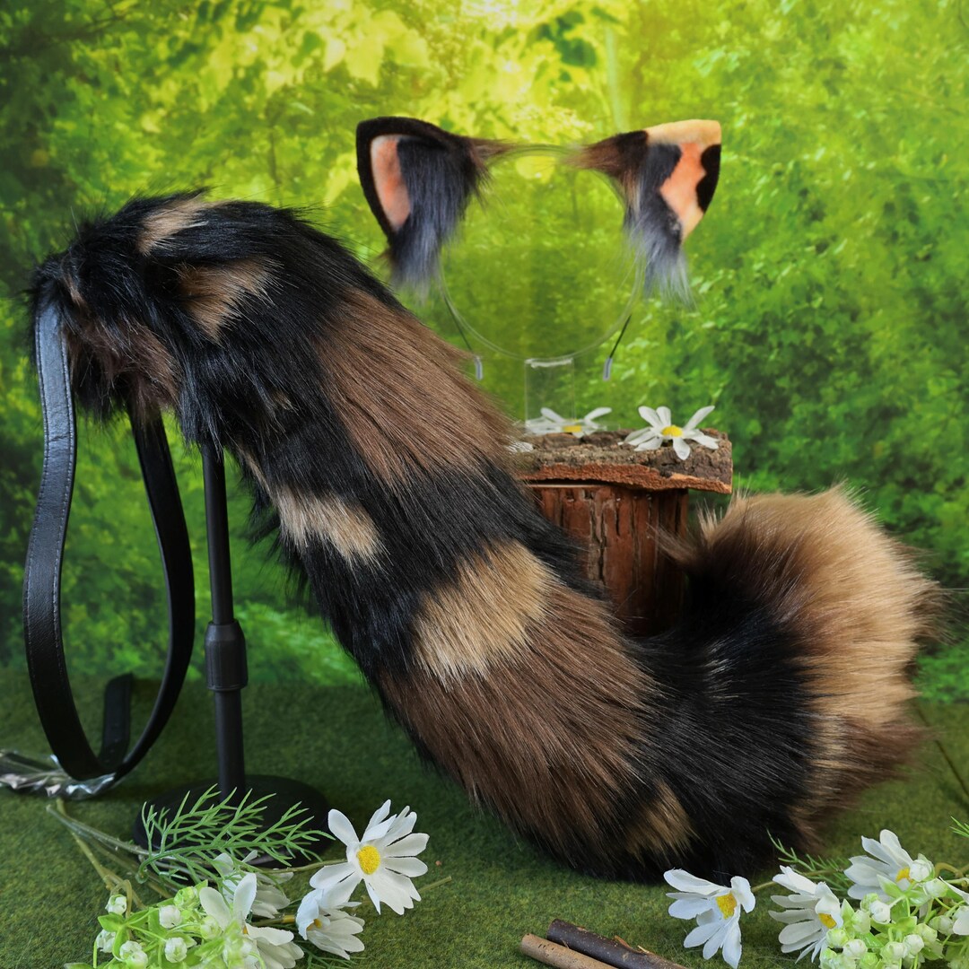 Black Calico Cat Faux Fur Ears and Tail Set for Halloween and Christmas ...