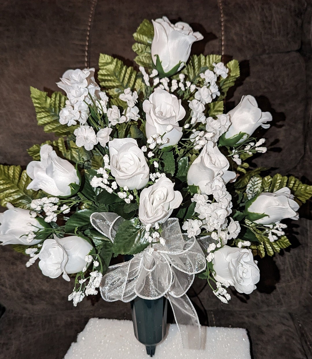 Silk White Rose Cemetery Vase Arrangement - Etsy