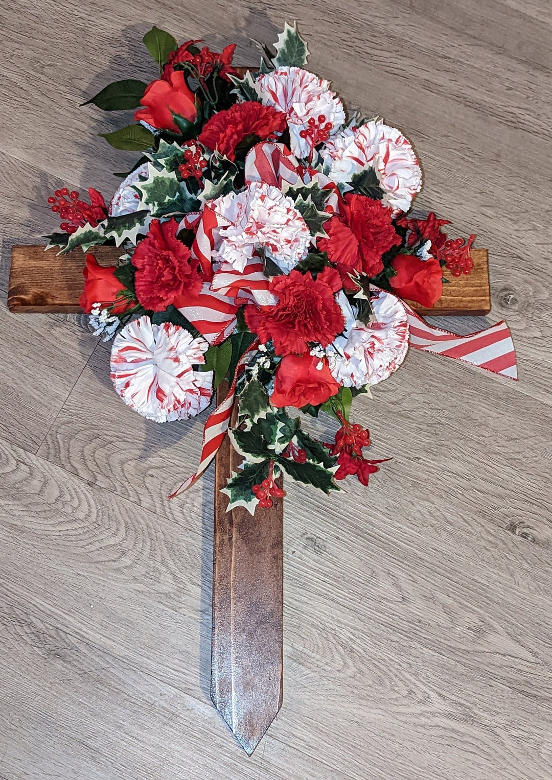 Christmas Cemetery Cross, Red Roses Carnations Holly Grave Flowers - Etsy