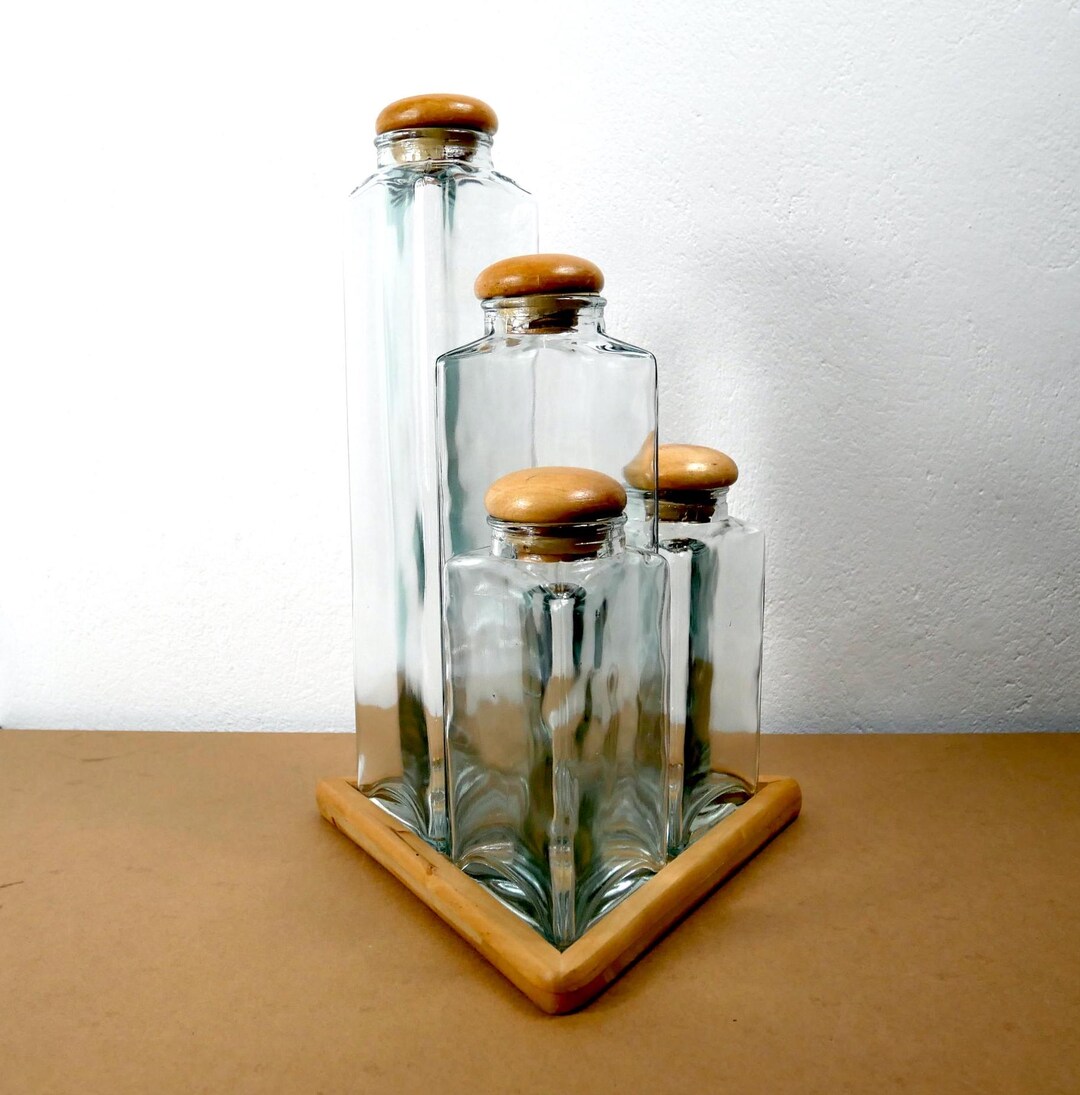 Vintage Clear Glass Triangle Storage Jars With Wooden Lids & Base Set ...