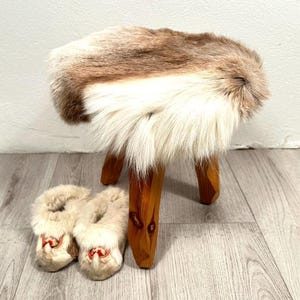 Vintage Wooden Deer Hide Stool Scandinavian Reindeer Skin Ottoman, Mid ...