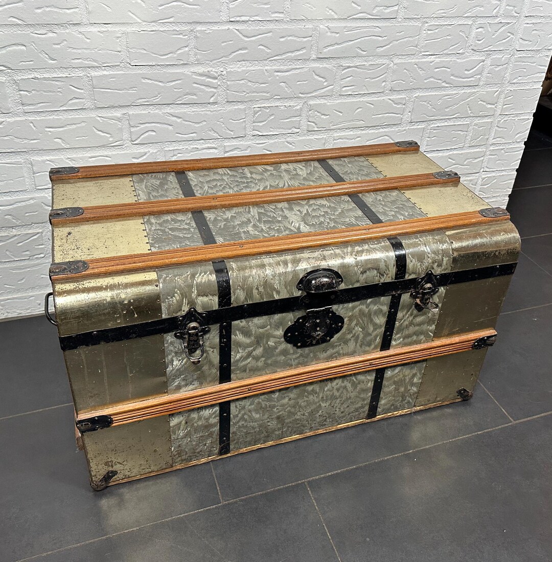 Antique Steamer Trunk – 1800s Swedish Brushed Metal Chest With Wooden ...