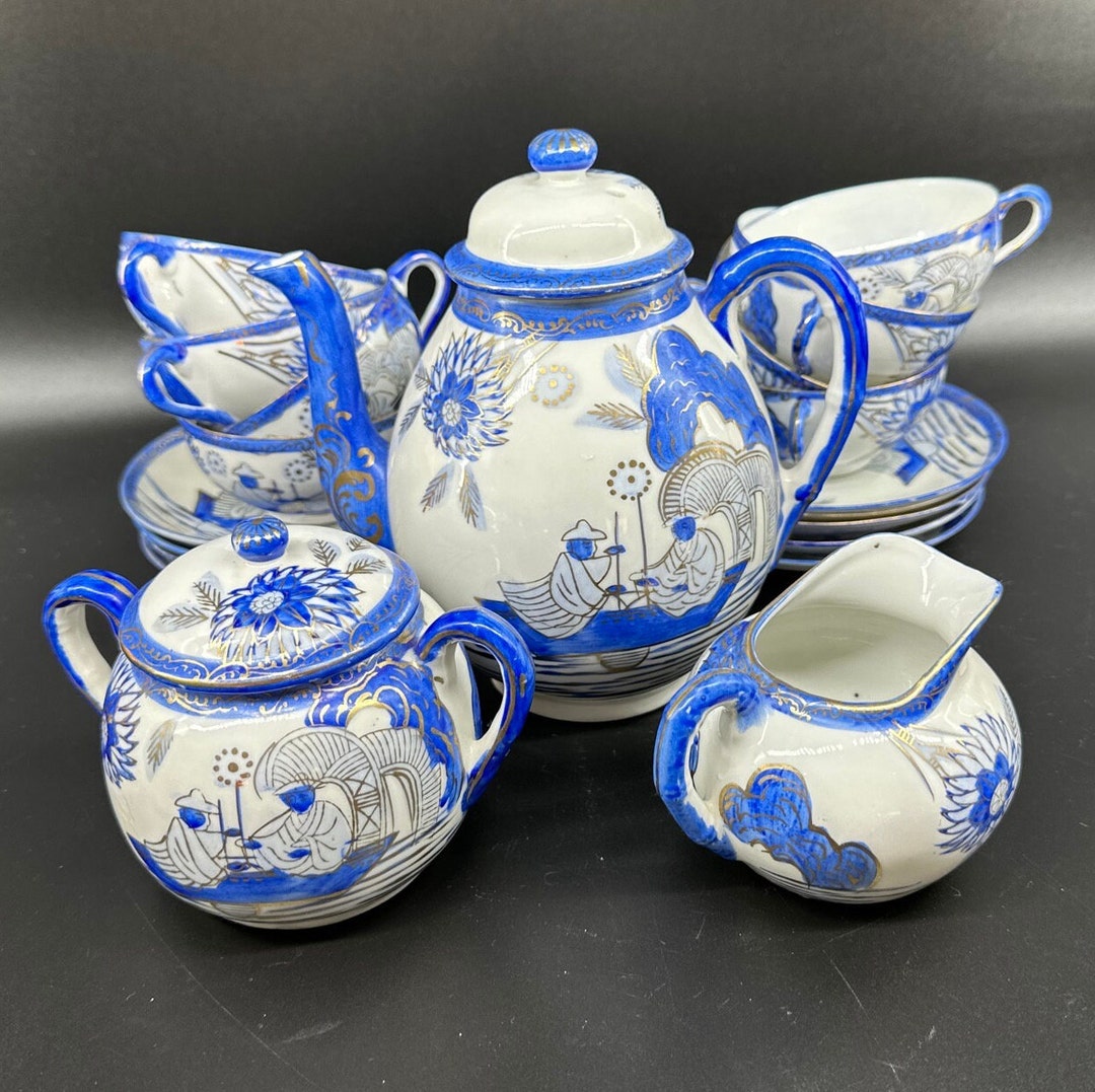 Vintage Blue and White Japanese Porcelain Tea Set - Tea Pot, Sugar Bowl ...