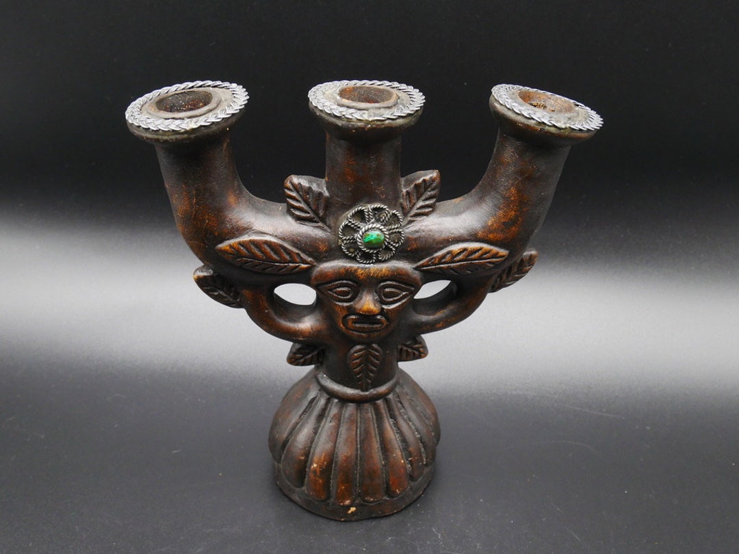 Vintage Inka/mayan Folk Art Ceramic Candlestick - Tiki Figurine ...