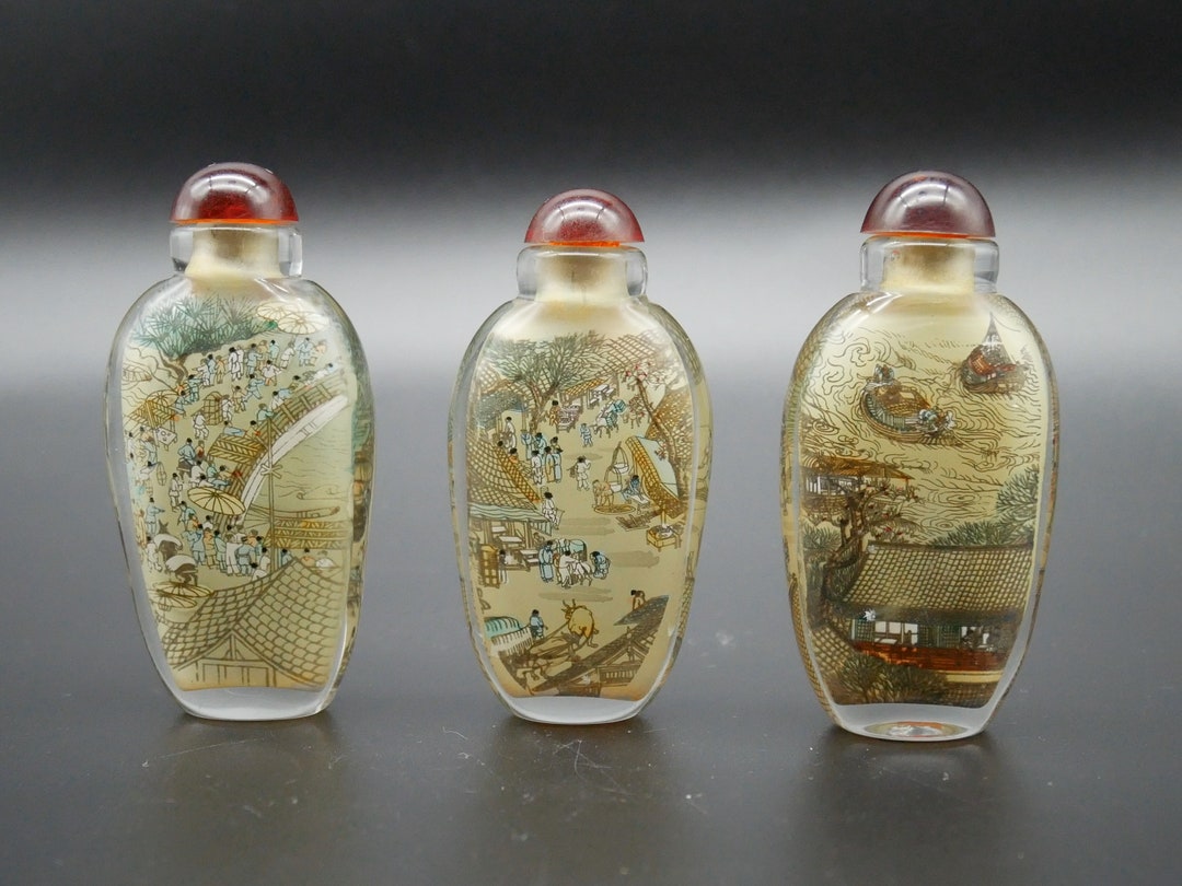 Vintage Hand-painted Glass Snuff Bottles Chinese Daily Life Scenes Red ...