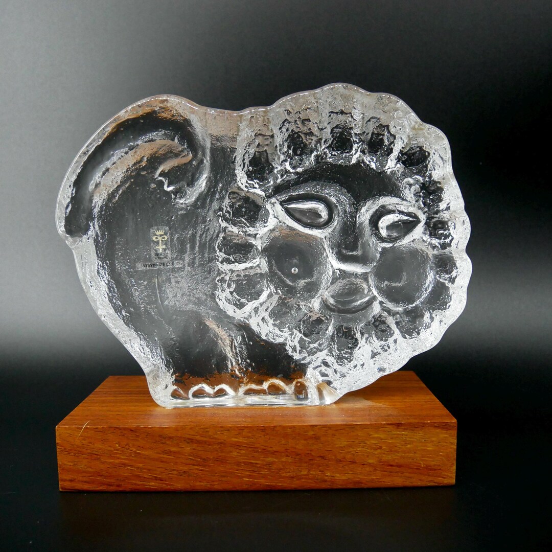 Lisa Larson Glass Lion – Skruf, 1970s Sculpture With Teak Wood Base - Etsy
