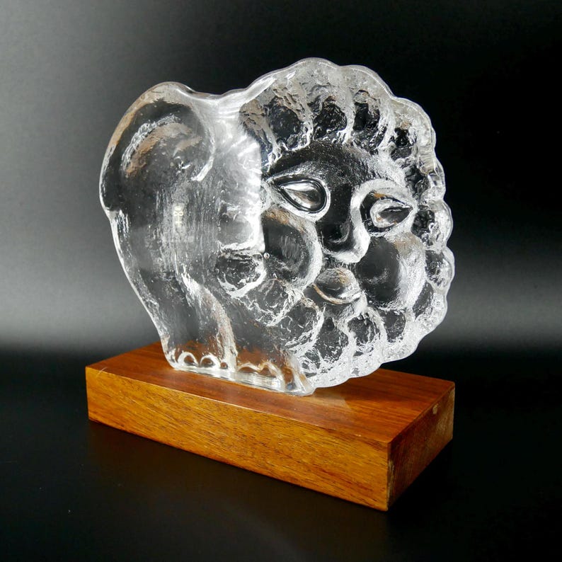 Lisa Larson Glass Lion, 1970s Sculpture With Teak Wood Base - Etsy