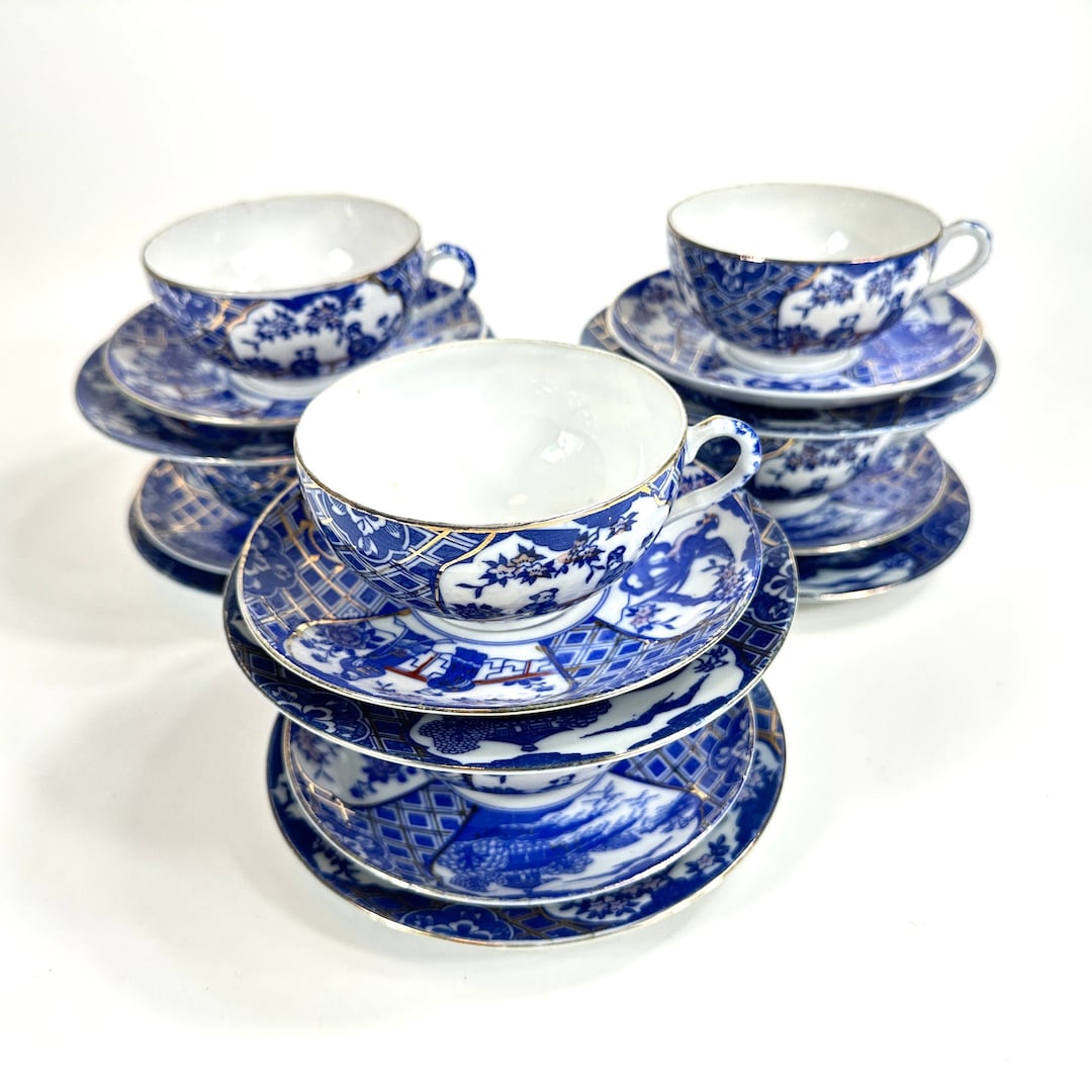 Vintage Japanese Porcelain Blue and White Tea Set 6 Cups, Saucers and ...