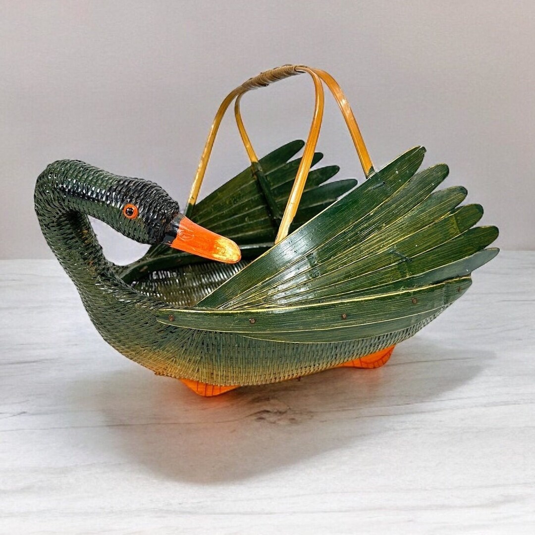 Vintage Ben Rickert Wicker Basket, Green Goose Swan From 1950 - Etsy