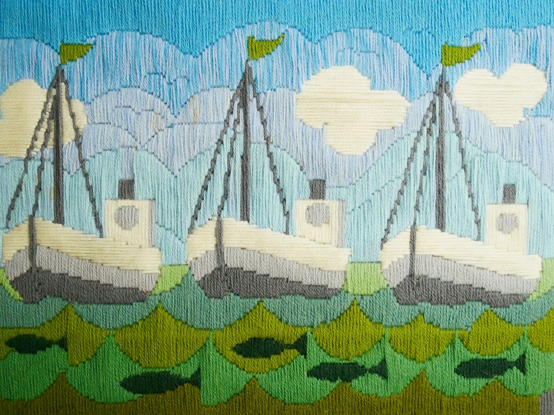 Mid Century Vintage Long Stitch Boat Tapestry Wall Decor 70s Ships and ...