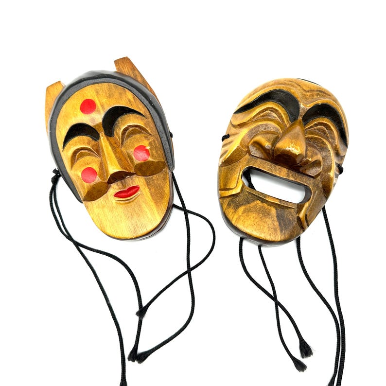 Korean Hahoe Tal Masks, Hand-carved Wooden Dance Mask Pair - Etsy