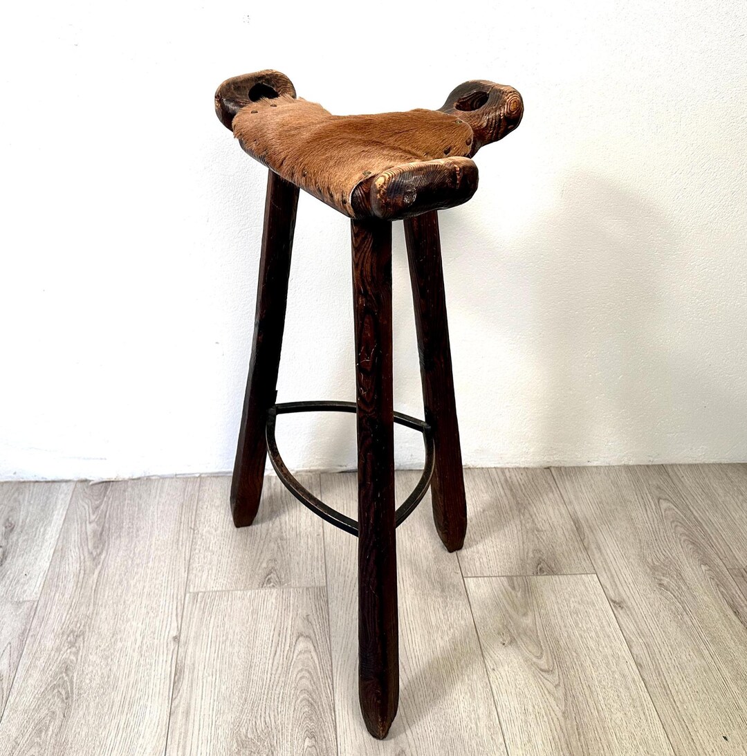 Vintage Rustic Spanish Bar Stools – 1970s Oak, Metal and Skin Brutalist ...