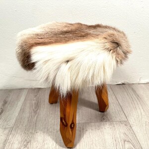 Vintage Wooden Deer Hide Stool Scandinavian Reindeer Skin Ottoman, Mid ...