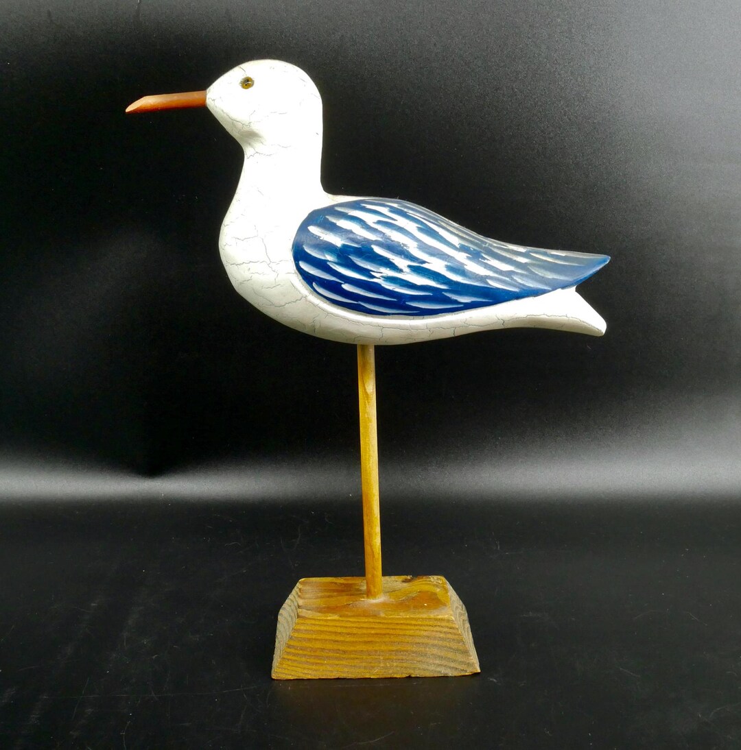 Vintage Hand-carved Wooden Shore Bird on Stand Blue & White Seagull ...