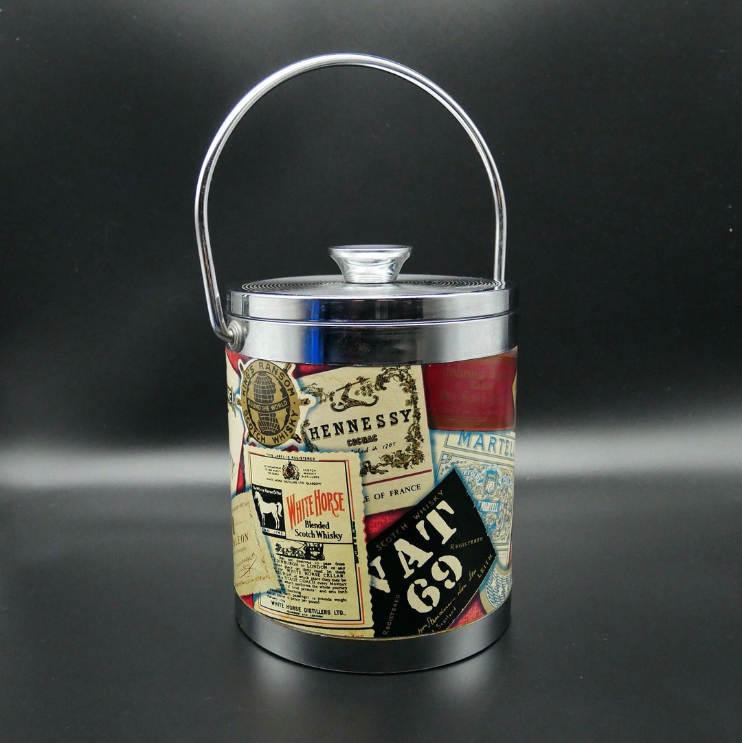 Vintage Whiskey Label Collage Ice Bucket - Mid Century Chrome Barware ...