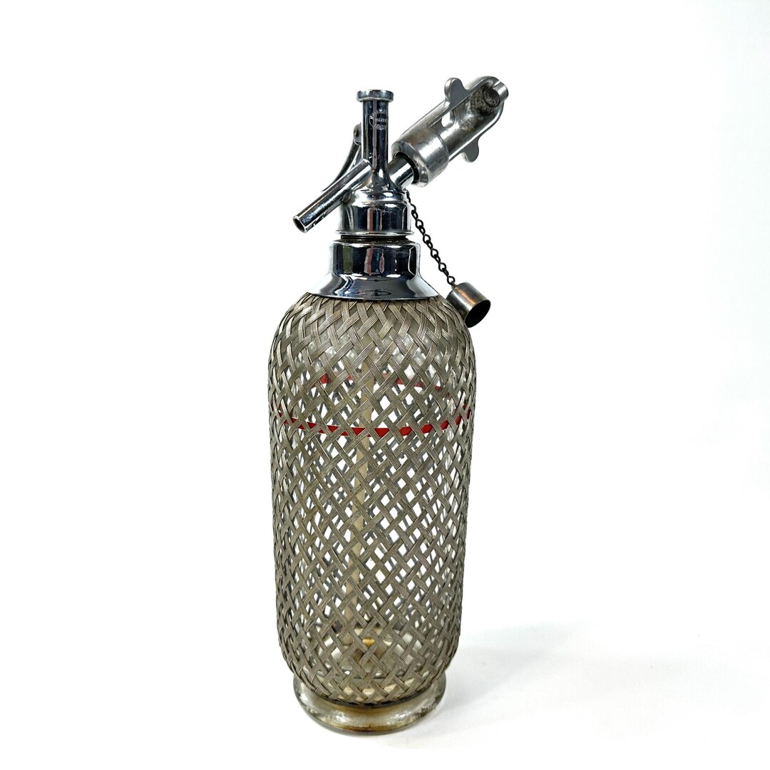 Vintage Glass and Silver Soda Siphon Wire Mesh Spritzer Bottle, Retro ...