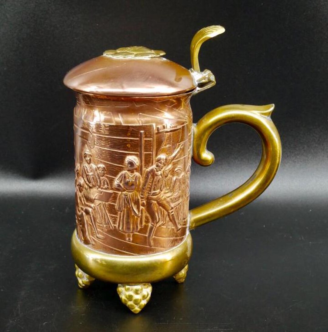Vintage Copper & Brass Beer Stein With Lid Embossed Tavern Scene Made ...
