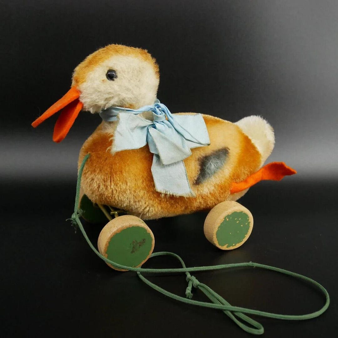 Antique Steiff Mohair Duck on Eccentric Wooden Wheels 1950s Pull a Long ...