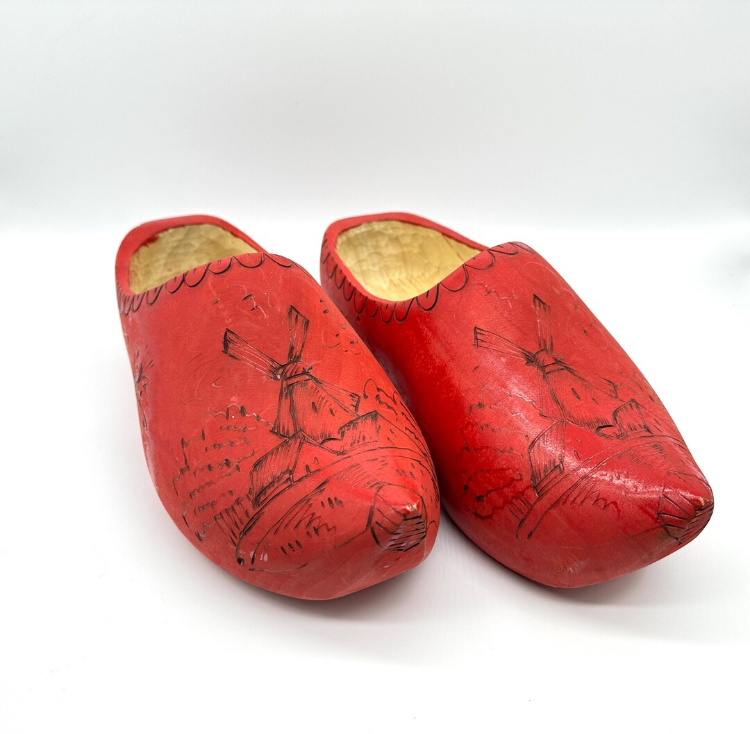 Vintage Dutch Wooden Clogs – Hand Carved, Hand-painted Red With ...