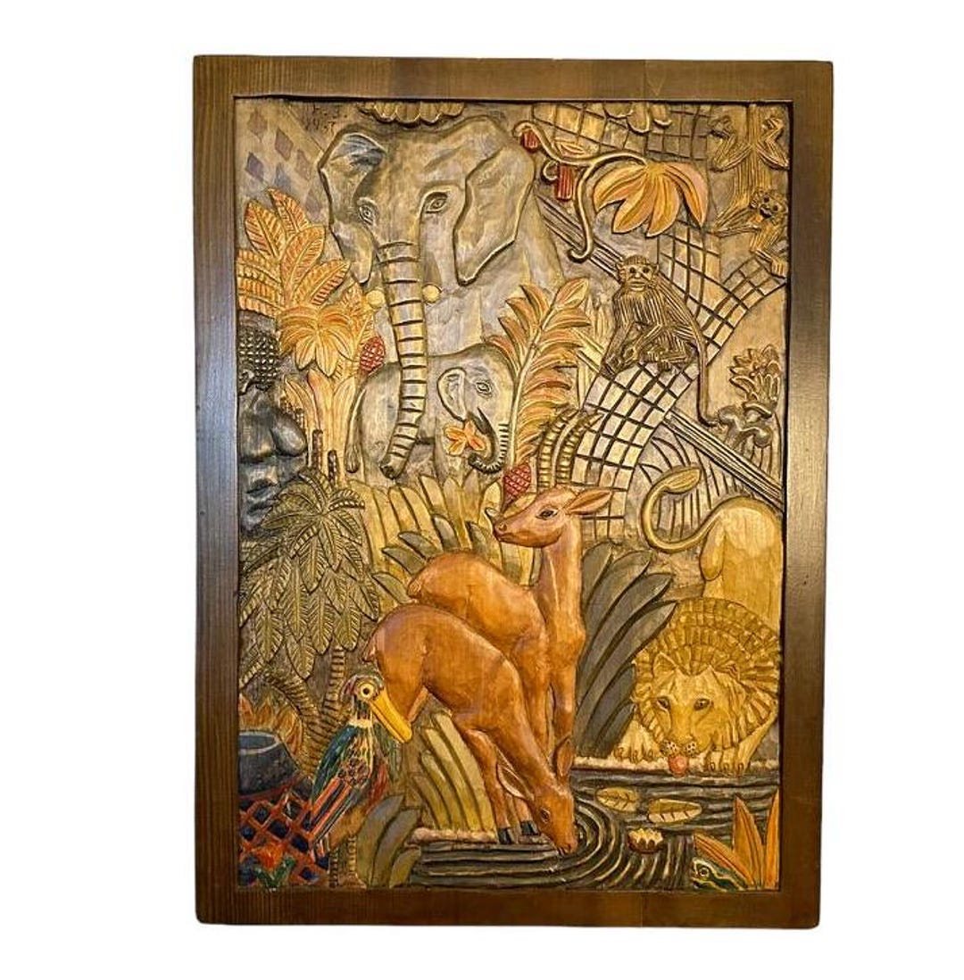 Vintage Wooden Wall Art Jungle Animals Hand Carved Wooden Wall Art ...