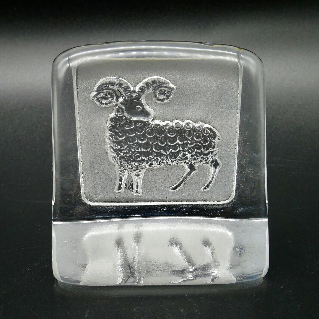 Vintage Glass Aries Zodiac Paperweight - Horoscope Symbol - Hand-etched ...