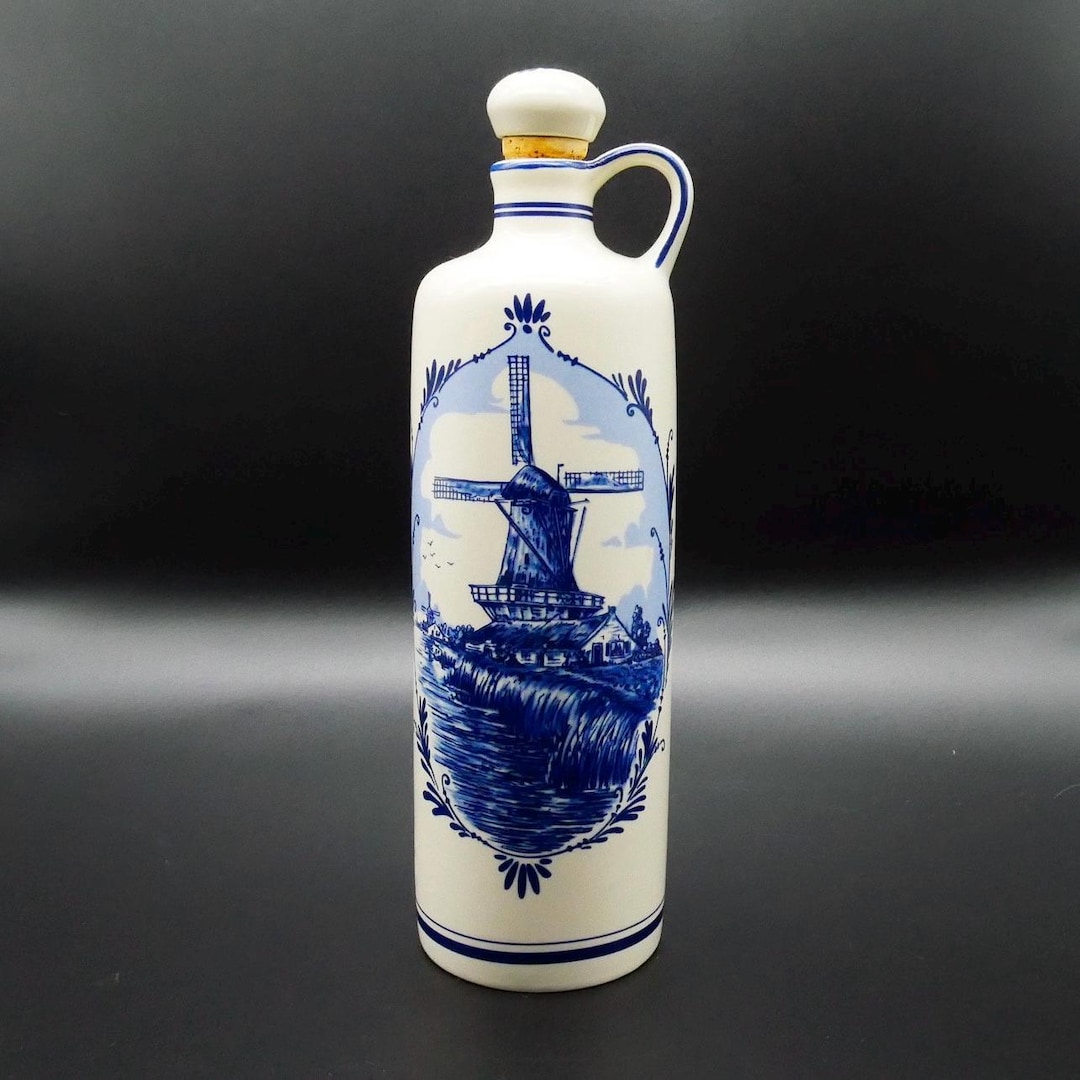 Vintage Dutch Delft Blue Ceramic Flask With Cork Stopper Hand-painted Windmill Decanter, BOLS ...