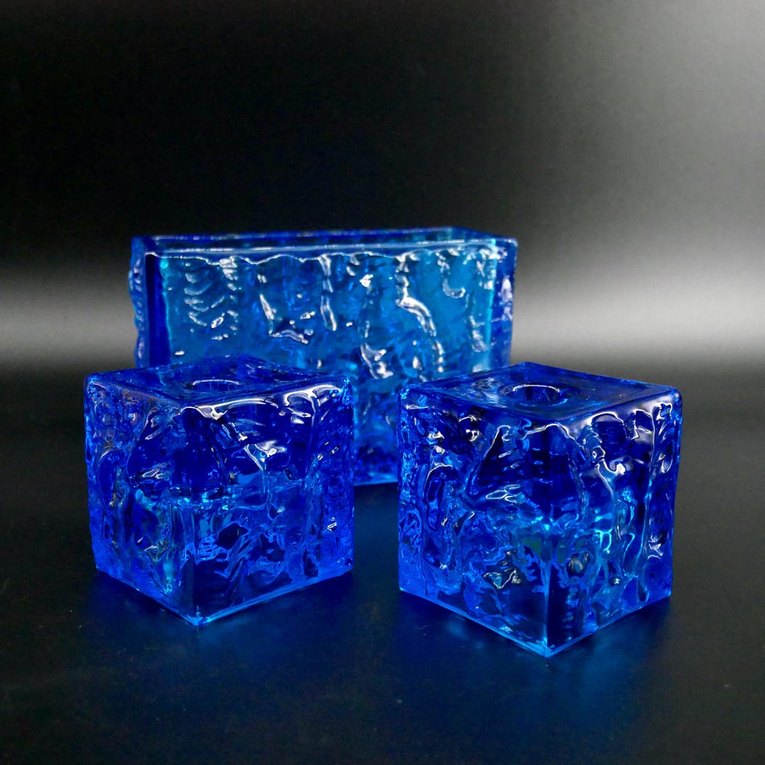 Mid-century Bohemian Blue Glass Set – Cubist Candle Holders & Brutalist ...