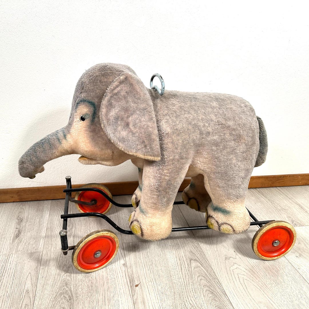 Vintage Steiff Ride-on Elephant Toy – 1950s Plush Push Toy With Red ...