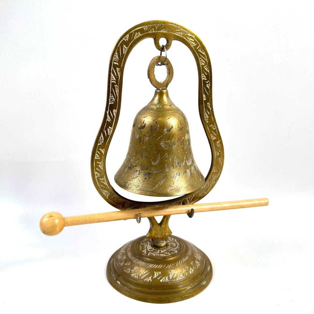 Vintage Engraved Brass Bell With Stand and Wooden Striker - Etsy