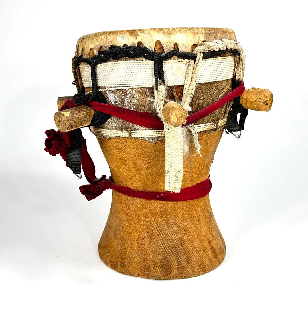 Hand-carved African Tribal Drum – Vintage Exotic Wood Drum With Real ...