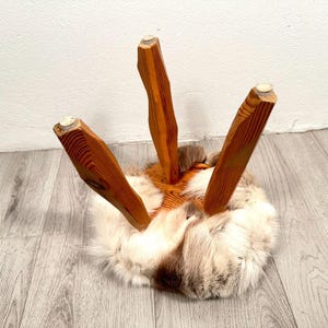 Vintage Wooden Deer Hide Stool Scandinavian Reindeer Skin Ottoman, Mid ...