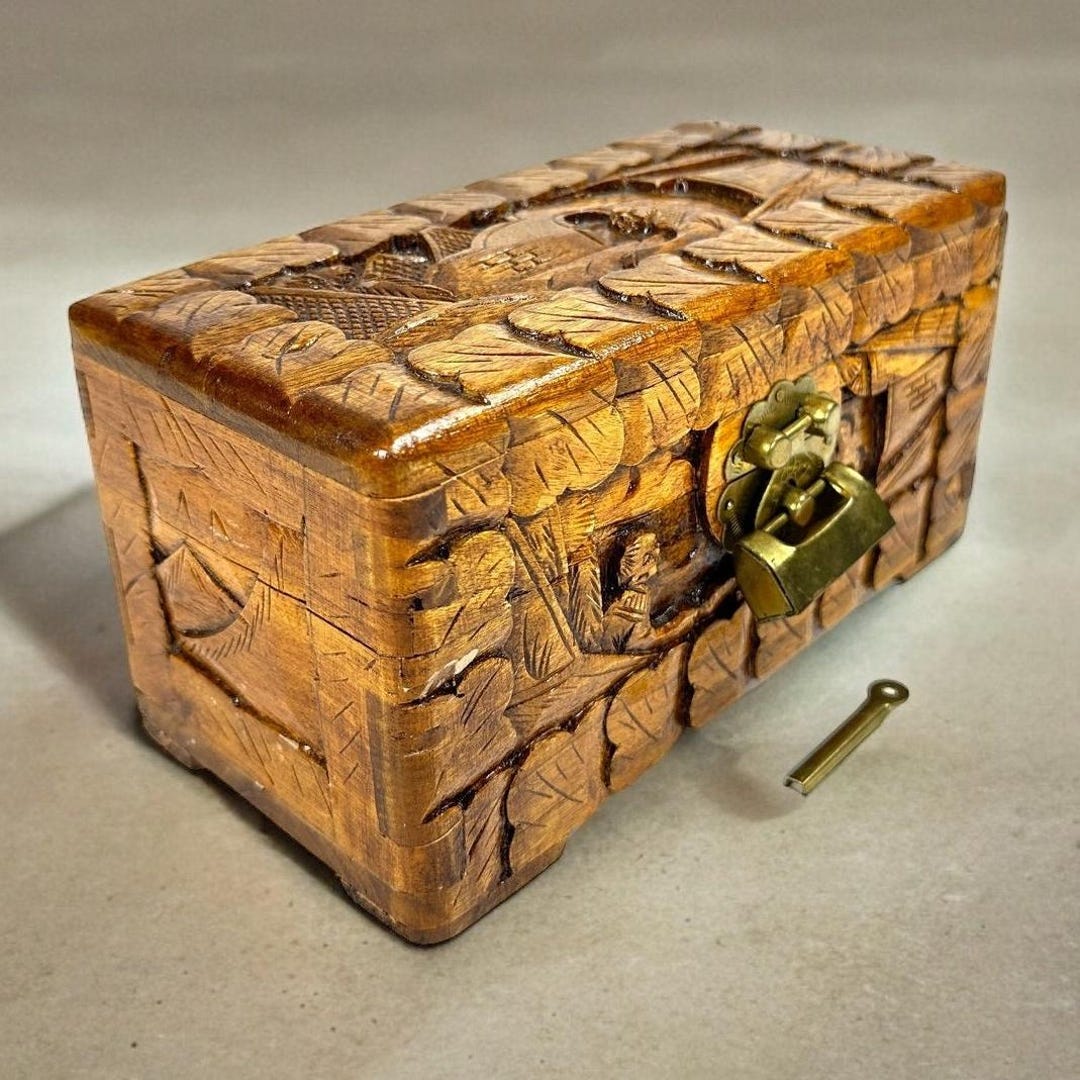 Carved Wood Vintage Camphor Box With Brass Fittings Including Lock and ...